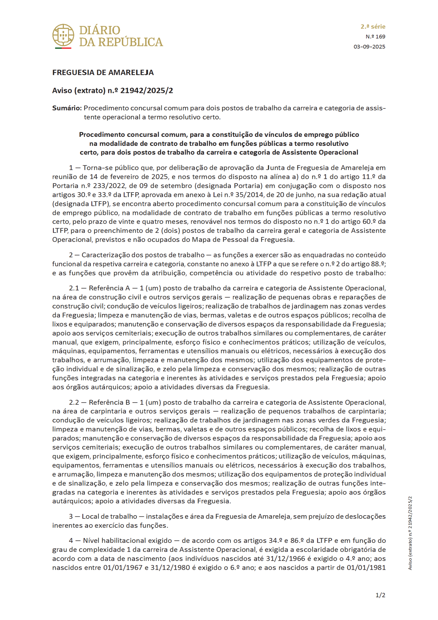 Aviso (extrato) DR conv 1 - Junta de Freguesia de Amareleja
